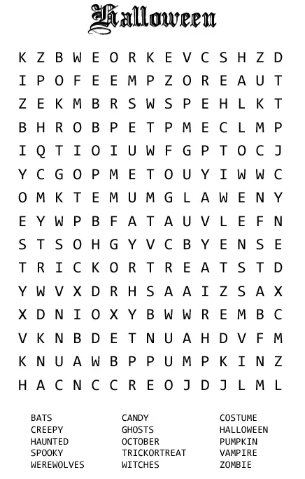 Hard Halloween Word Search Printable