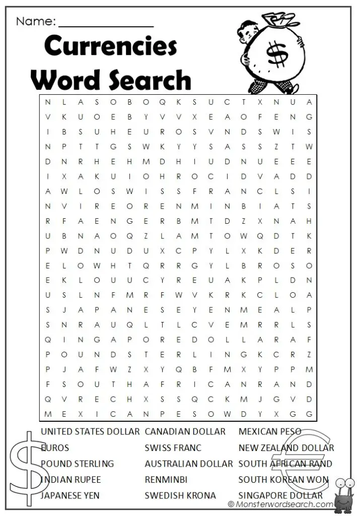 11 Thrilling Currencies Word Searches - Kitty Baby Love