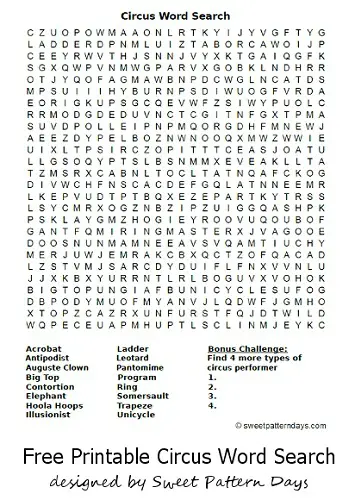 8 Invigorating Circus Word Searches - Kitty Baby Love
