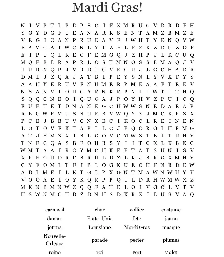 Mardi Gras Word Search Printable - Printable Word Searches